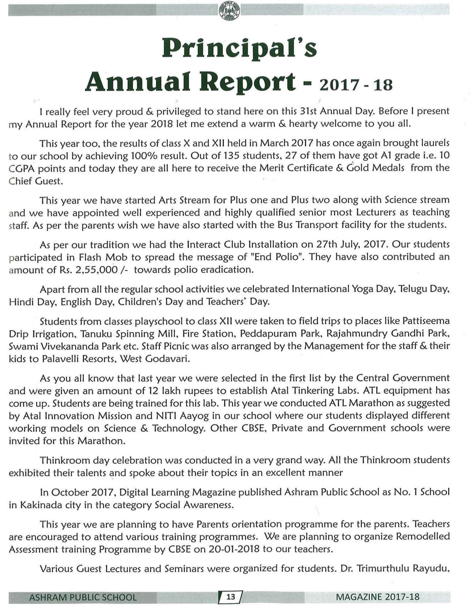 PRINCIPAL ANNUAL REPORT